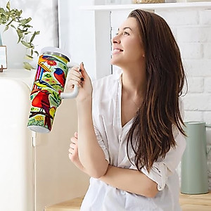 RPLIFE Colorful Birds 40 Oz Tumbler with Handle, Stainless Steel Cup, Insulated Water Bottle with Straw
