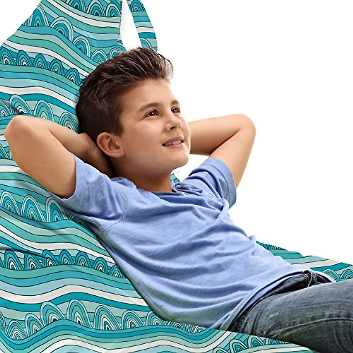 Lunarable Blue and White Lounger Chair Bag, Hand-Drawn Style Wave Pattern Sea Inspired Ocean Ornament, High Capacity Storage with Handle Container, Lounger Size, Pale Blue Turquoise