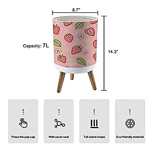IKFLWJUTFW Small Trash Can with Lid Strawberry Cute Colorful Strawberries Flowers and Leaves in 7 Liter Round Garbage Elasticity Press Cover Wastebasket for Kitchen Bathroom Office 1.8 Gallon