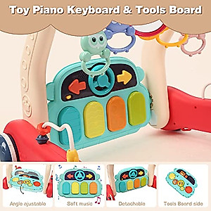 2 in 1 Baby Walker & Play Gym Mat for Boys Girls, Sit to Stand Learning Walker with Musical Piano & Rattles Tummy Time Mat, Babies Floor Activity Push Walker Toys for Infant to Toddler 0 6 9 Months
