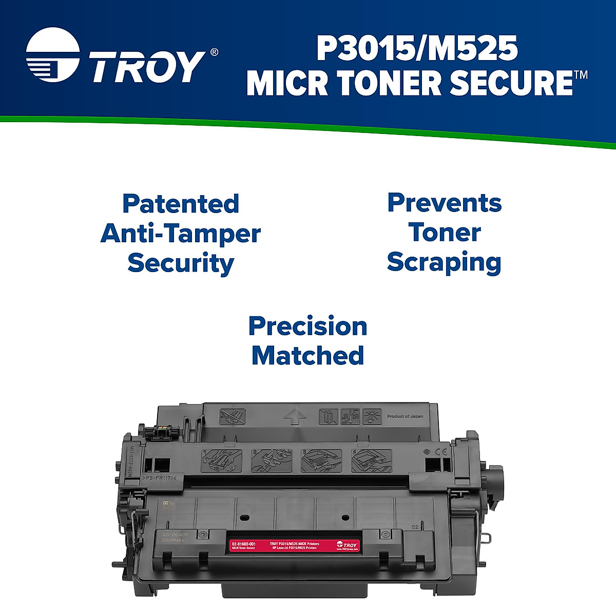 Troy 02-81600-001 3015/M525 MICR Toner Secure Cartridge (Coordinating HP Part Number: HP-CE255A), Black, Standard Yield