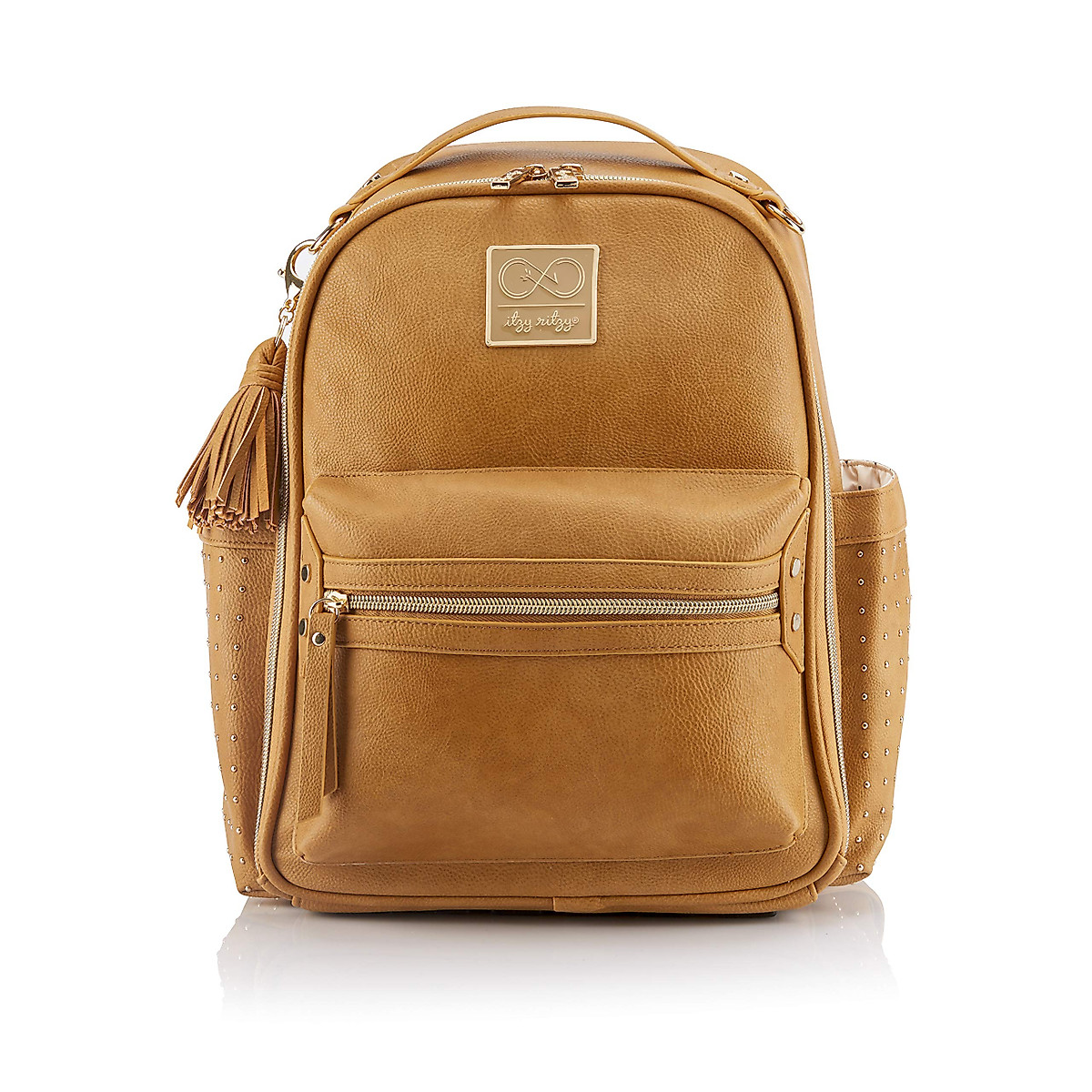 Itzy Ritzy Chelsea + Cole Mini Diaper Bag Backpack - Studded Mini Backpack with Changing Pad, 8 Pockets, Rubber Feet & Tassel - Caramel with Sweetheart Print Interior and Gold Hardware