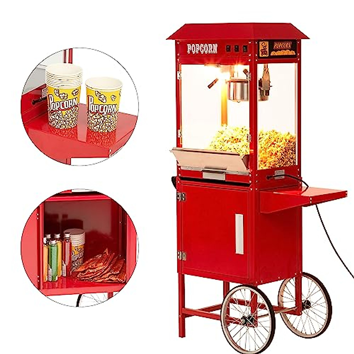 Aibudy Popcorn Popper with Cart and Stand,Theater Commercial Vintage Popcorn Maker with 8 Oz. Stainless Steel Kettle and Storage Included, Red
