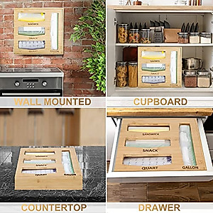 LauKingdom Ziplock Bag Organizer for Drawer Bamboo Baggie Organizer with Magnetic Slider Storage Bag Organizer for Wall Mount Plastic Bag Organizer