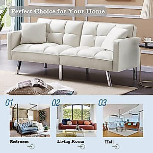 Velvet Futon Sofa Bed with Two Pillows, Convertible Sleeper Sofa Couch with 3 Angle Adjustable Backrest, Modern Loveseat with 6 Metal Legs for Living Room, Bedroom (White)