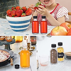 MMonDod (Pack of 72) 2oz Small Clear Glass Bottles(60ml) with Lids Boston Round Travel Bottles for Vanilla Hot Sauce Juice Whiskey Liquid come with 72 Labels,5 Funnels,5 Droppers,1 Brush&Chalk Marker