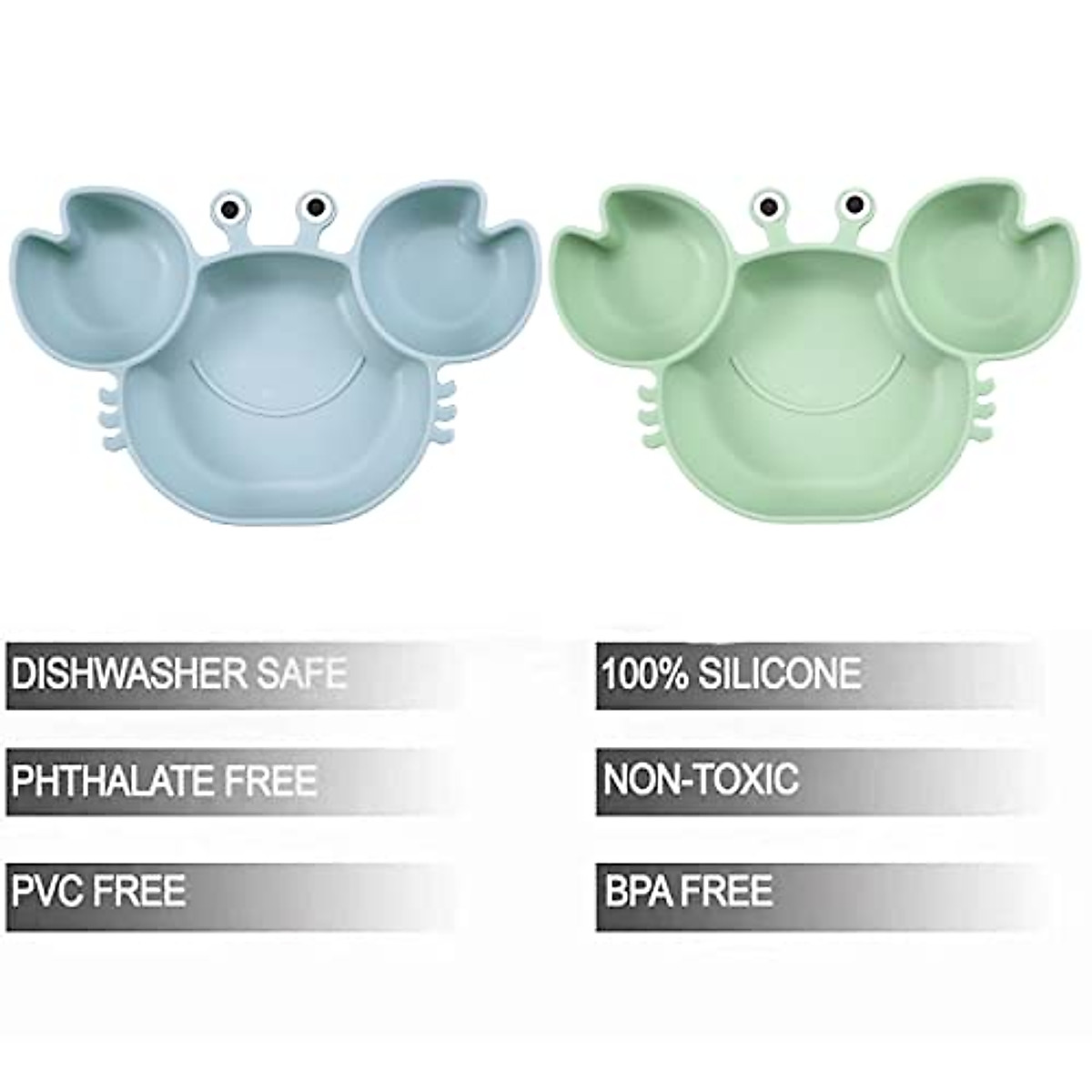 PandaEar 2 Pack Silicone Suction Plate for Baby, Divided Unbreakable Toddler Food Plate with 2 Pack Spoons for Self Feeding, Toddler Utensils Feeding Set Baby Eating Supplies, Crab Shape, Blue&Green