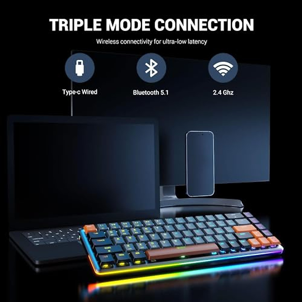 Gaming Keyboard, 65% Low Profile Wireless Mechanical Keyboard with Red Switch, Bluetooth 5.0/ 2.4G/ Wired RGB Lighting Keyboards for Travel Office PC, Compatible with Mac OS and Windows, Volume Slider