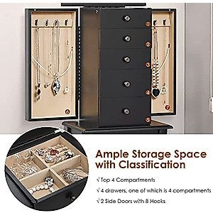 HOMGX (Black, Jewelry Cabinet with Mirror, Armoire Box Storage Chest, Stand Organizer with 5 Drawers & 8 Necklace Hooks