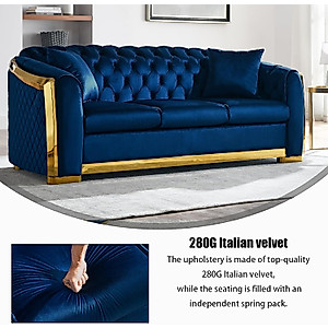 WinJoy 84 Inch Velvet Sofa Set for Living Room, 3 Seat Modern & Luxury Chesterfield Couch Sofa with Tufted Back&Gold Stainless Legs for Apartment, Office 2 Pillows Included Navy