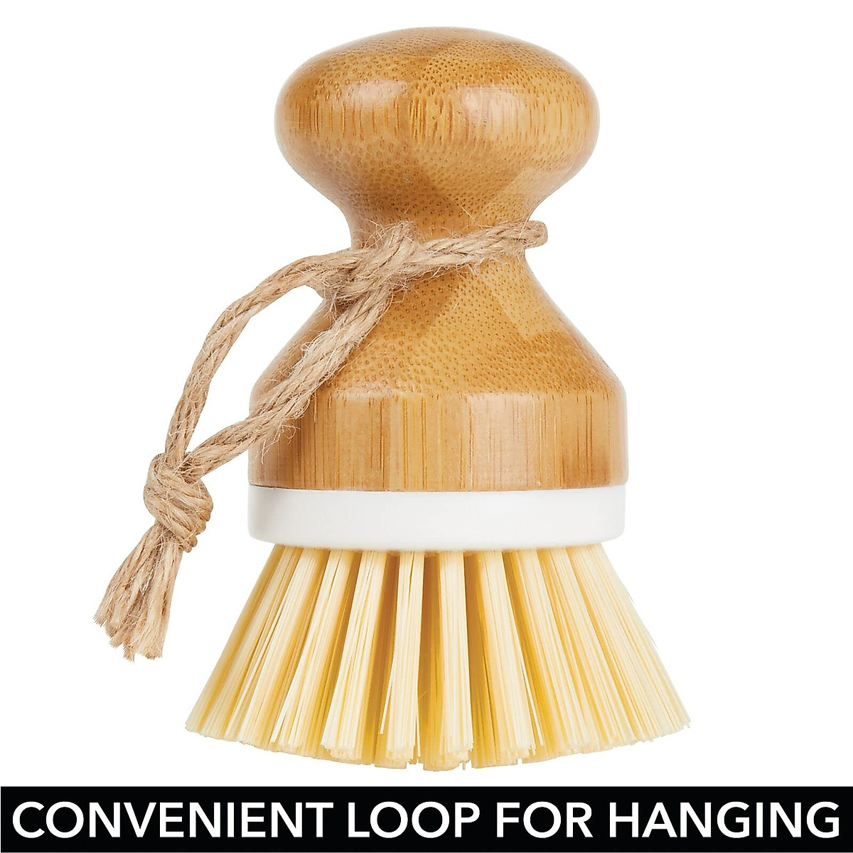 mDesign Bamboo Wood Round Mini Palm Scrub Brush with Holder for Kitchen Sink, Bathroom, Household Cleaning - Wash Dishes, Pots, Pans, Vegetables - Echo Collection - White/Natural