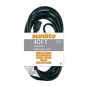 Sunlite 04201-SU 40-Foot Outdoor Extension Cord Three Grounded Sockets, Light Duty, Long Power Wire, for Appliances, Electronics, UL Listed, Meets OSHA Standards, Green