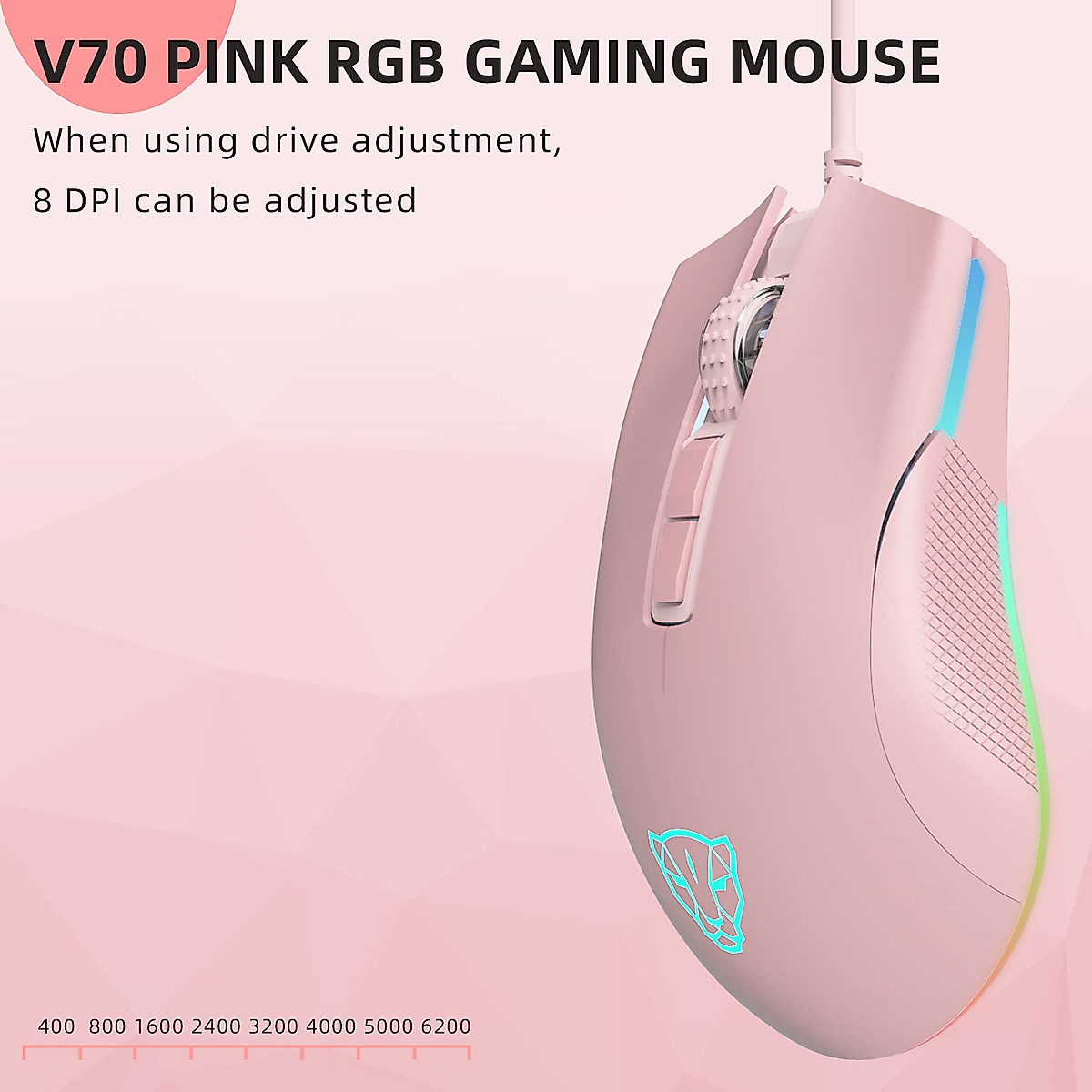 MOTOSPEED V70 USB Wired Gaming Mouse,DPI 6400 ZEUS6400 Optical Sensor,Chorma RGB Backlit,7 Programmable Buttons，Ergonomic PC Gaming Mouse for Laptop, PC, Mac(Pink)