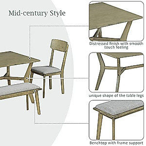 Merax 6-Piece Mid-Century Style Wooden Dining Table Set with 4 Chairs and Padded Bench, Antique Yellow+Gray