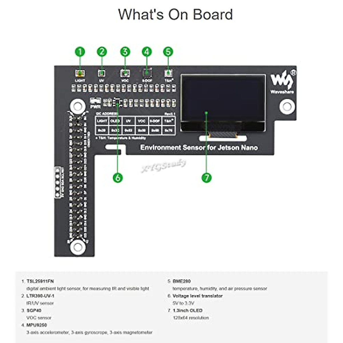 XYGStudy Environment Sensors Module for Jetson Nano 2GB and B01 I2C Bus with 1.3inch OLED Display to Collect Temperature Humidity/Air Pressure/Ambient Light Intensity/VOC/IR Ray/UV etc.