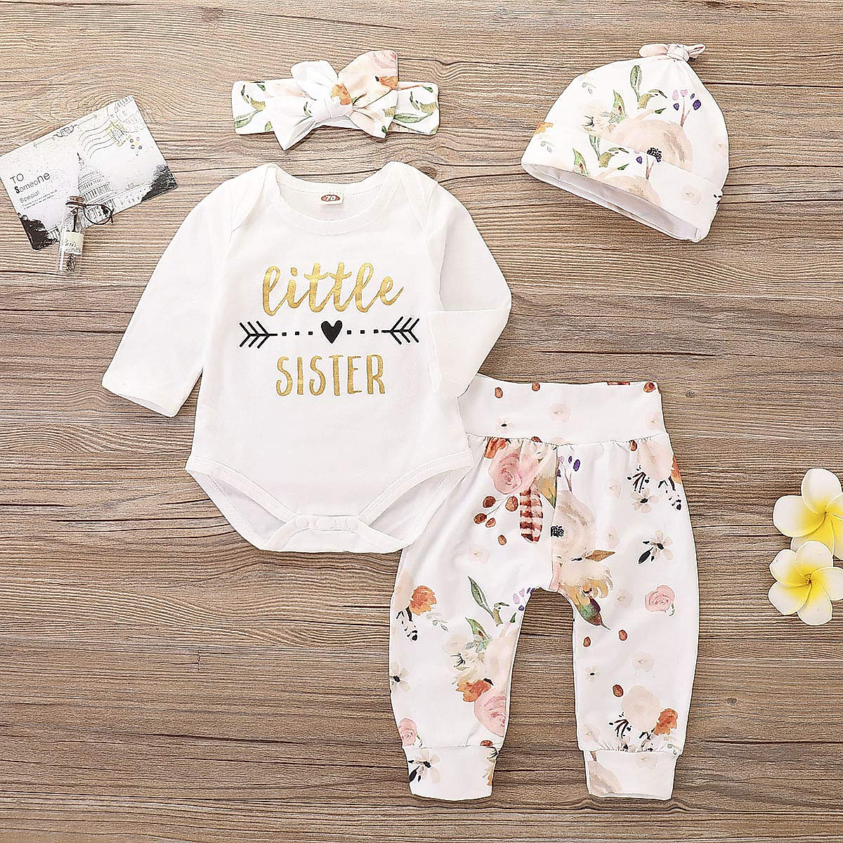 4Pcs Infant Girl Outfits Baby Sister Bodysuit Tops Floral Leggings Pants Set Bowknot Headbands Newborn Clothes (Little Sister,0-3 Months)