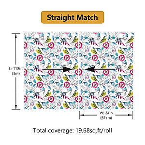 HotDecor 24"x118" Bird Boho Floral Wallpaper Flower Wallpaper Peel and Stick Floral Contact Paper Adhesive Stick on Botanical Wall Paper for Walls Cabinets Drawer Bedroom Shelves Decorative