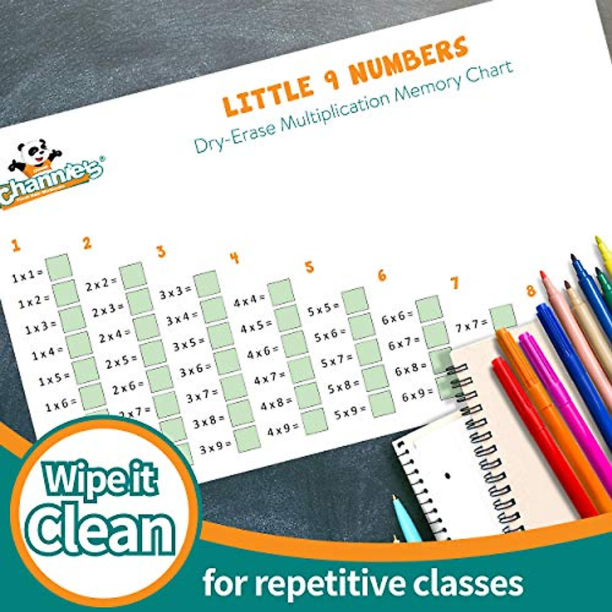 Channie’s Math Practice Combo Pack for Elementary School Students, One Page a Day Workbook and Little 9 Little Numbers Reusable Dry Erase Poster for Practicing Single Digit Multiplication Problems