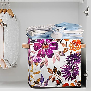 Large Collapsible Storage Bins,Flower Leaves Decorative Canvas Fabric Storage Boxes Organizer with Handles,Cube Square Baskets Bin for Home Shelves Closet Nursery Gifts