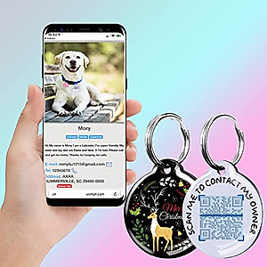 Christmas Reindeer Pattern Dog & Cat Tag - QR Code Pet ID with Online Profile - Festive Personalized Name - Holiday Themed Nameplate for Pets - Cute Seasonal Gift(Merry Christmas)