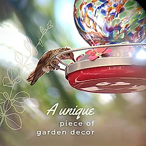 Gnarly Hummingbird Feeder by Grateful Gnome - Large Hand Blown Stained Glass Feeder for Garden, Patio, Outdoors, Window with Accessories S-Hook, Ant Moat, Brush - 16 fl oz, Gnarly Rainbow Design