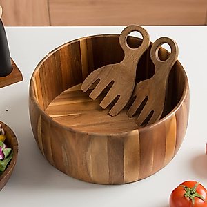 Decent Vrvege Wood Salad Bowl with Salad Hands, Large 12 5/8 inch Acacia Wooden Salad Serving Bowl Set, Salad Mixing Container With Salad Servers Claw For Entertaining Family Party Dinner