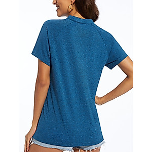 MAGCOMSEN Women's Polo Shirts Collarless V Neck UPF 50+ Shirts Quick Dry Short Sleeve T Shirt Sun Protection Blue,L