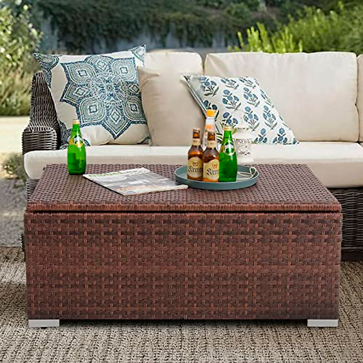 DIMAR GARDEN Outdoor Storage Coffee Table with Waterproof Cover,Patio Wicker Storage Table,42 Gallon Mixed Brown