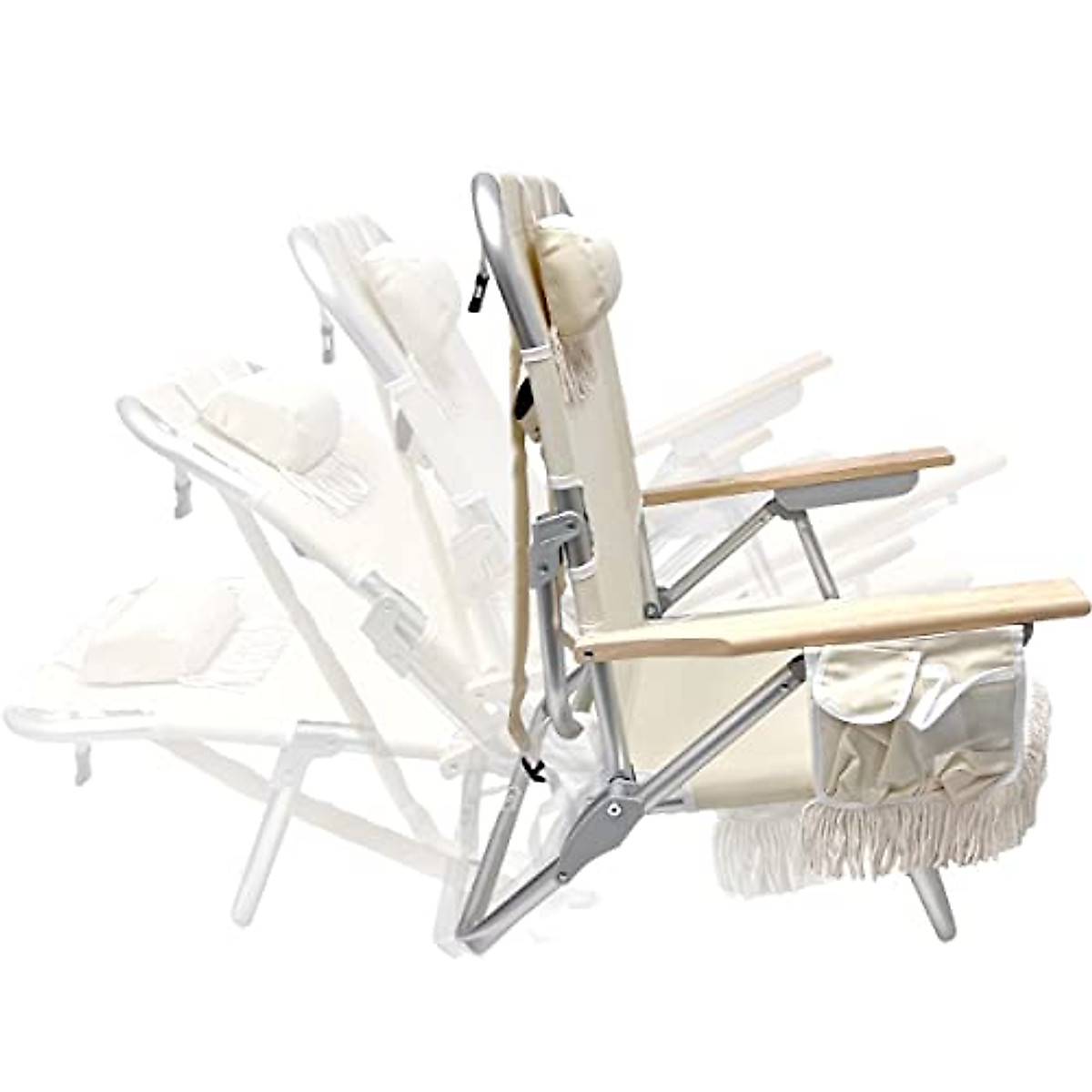 EasyGoProducts Tassel Backpack Beach Chair 5 Positions and Cup Holder Pouch on Side-Padded Pillow-Storage Bag on Back – Lightweight Rustproof Aluminum – Black Frame, 1 Pack TAN