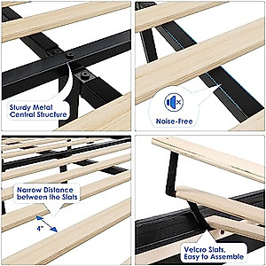 King Bed Frame with LED Lights Visual-Floating Bed for Modern Space, Upholstered Leather Headboard and Footboard Platform Bed with Spacious Under Bed Storage, Wood Slats Support Easy Assembly, Black