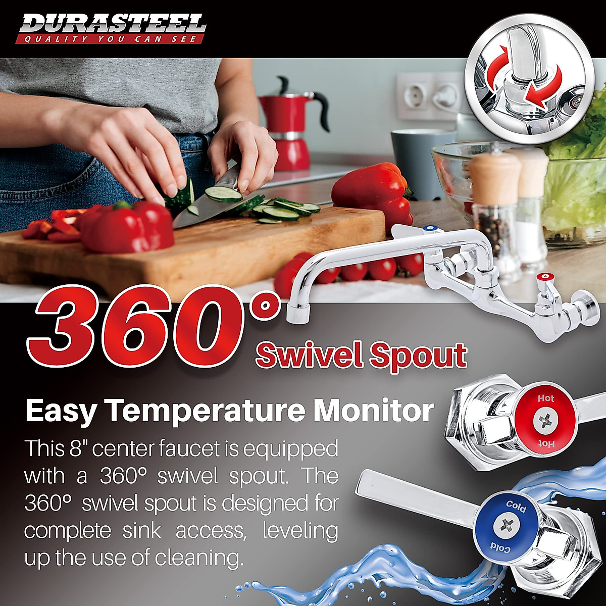 Kitchen Sink Faucet Wall Mount - DuraSteel 8" Center Commercial Kitchen Sink Faucet with 12" Swivel Spout - Dual Lever Handles - Brass Constructed & Chrome Polished