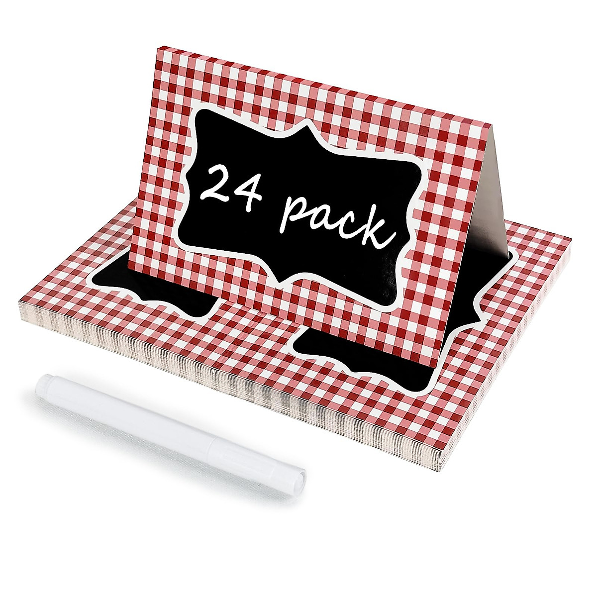 24PCS BBQ Party Decorations Place Cards for Table Setting Red Gingham Tent Cards Plaid Chalkboard Signs with Marker Picnic BBQ Decorations Food Labels for Party Buffet Birthday Baby Shower Party