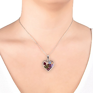 Amazon Essentials Sterling Silver Multi-Colored Pressed Flower Heart Pendant Necklace, 16" (previously Amazon Collection)