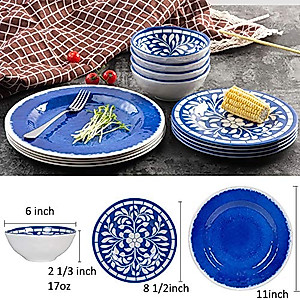 Melamine Dinnerware Set - 12 Pcs Dinner Dishes Set for Outdoor Use, Dishwasher Safe, Unbreakable, Blue