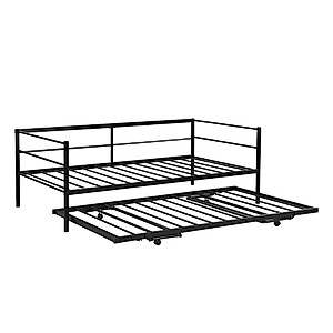 ATY Twin Size Daybed with Adjustable Pop Up Trundle, Sturdy Metal Bedframe w/Safety Guardrail, Perfect for Dorm,Guest Room, Bedroom, Easy Assemble, Black