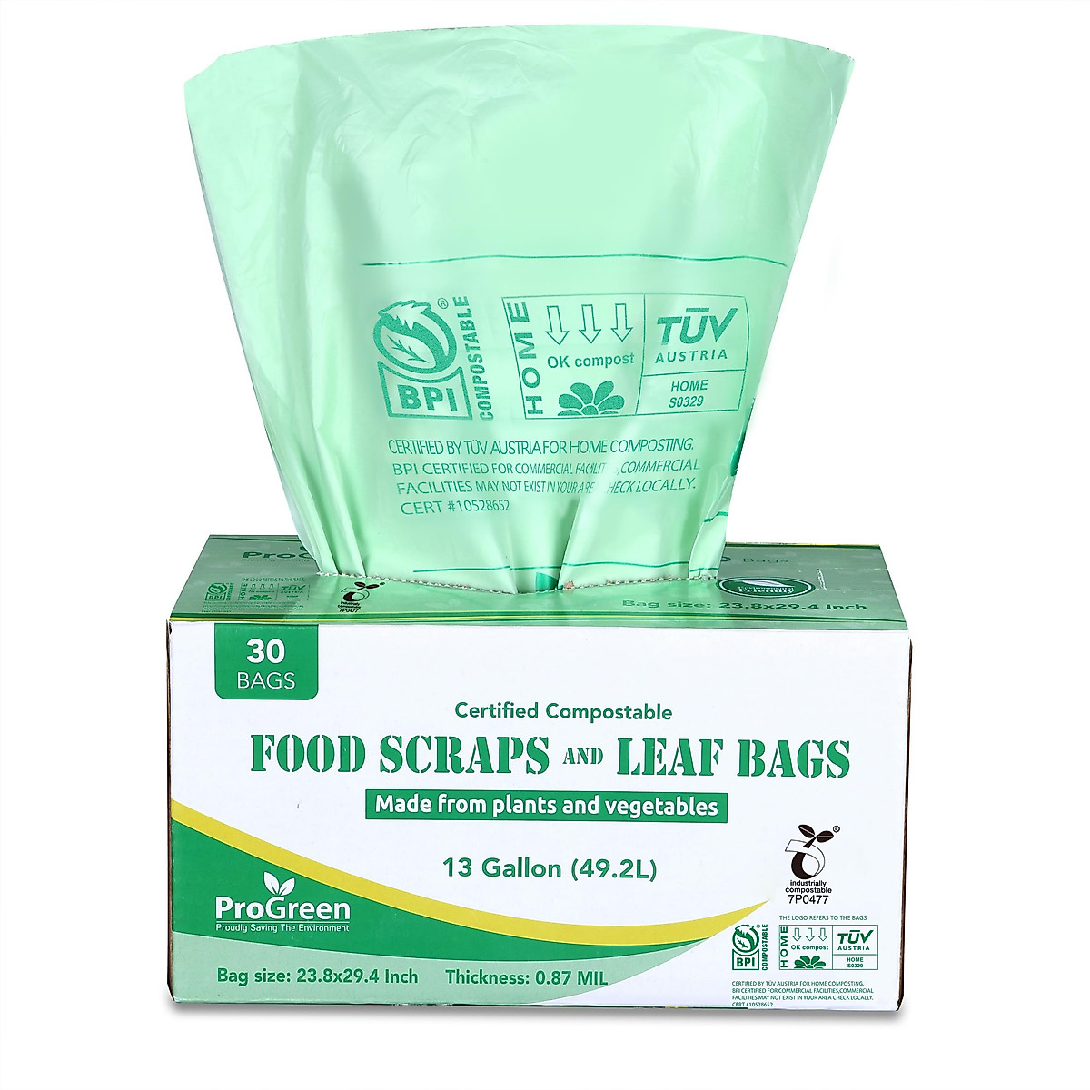 ProGreen Compostable Bags 13 Gallon, 30 Count Tall Kitchen Compost Trash Bag, Extra Thick 0.87 Mil, Food Scrap Yard Waste Bags, Compost ASTM D6400 BPI and TÜV AUSTRIA Certified