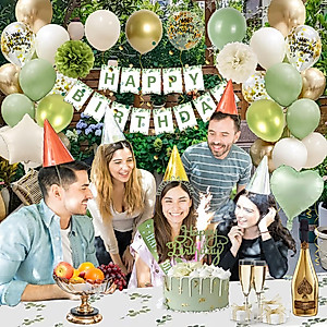 Sage Green Birthday Decorations, Green Gold Balloons Birthday Party Decorations Happy Birthday Banner Green Fringe Curtain Tablecloth Birthday Crown Sash Paper Pom Poms for Girls Women Birthday Decor
