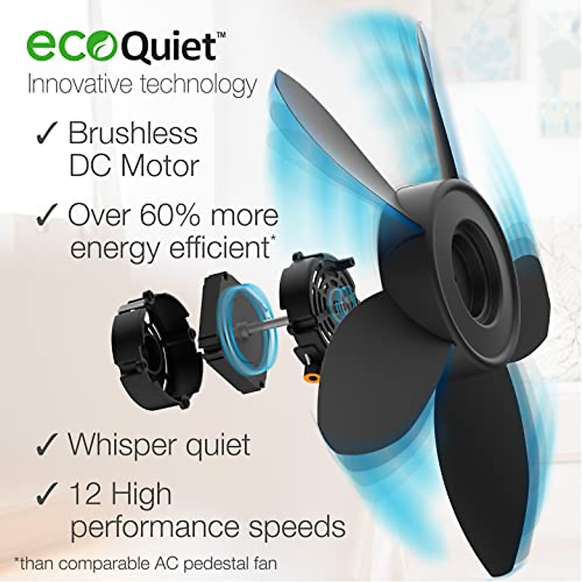 Lasko Oscillating 18-inch EcoQuiet DC Motor 12-Speed Pedestal Fan with Remote Control, Black, S18708, Large