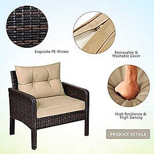 HAPPYGRILL 4-Piece Patio Furniture Set Outdoor Rattan Wicker Sofa Set with Cushions & Coffee Table, Conversation Sofa Set with Tempered Glass Table Top and Storage Shelf
