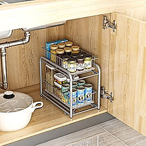 LEGUANG Under Sink Organizers and Storage, 2 Tier Sliding Basket Under Sink Cabinet Organizer, Kitchen Under Bathroom Storage Organizer, Silver