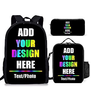 Husguciy Custom Backpack Set, Personalized Bookbag with Insulated Lunch Tote and Pencil Pouch 3Pcs, Customized 3 Piece Set Backpack with Your Name Text Photo for Boys Girls Adult