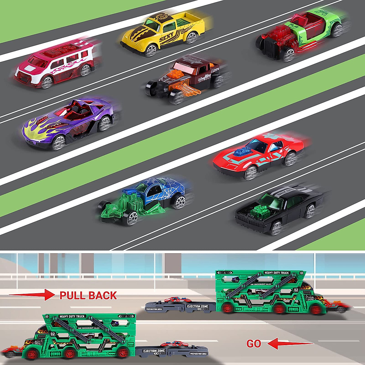 Toddler Boys Toys for 3-4 Year Old,Large Transport Cars Carrier Set Truck Launcher Toys with 8 Die-cast Vehicles Truck Toys Cars,Ideal Gift Toys for Kids Age 3-7