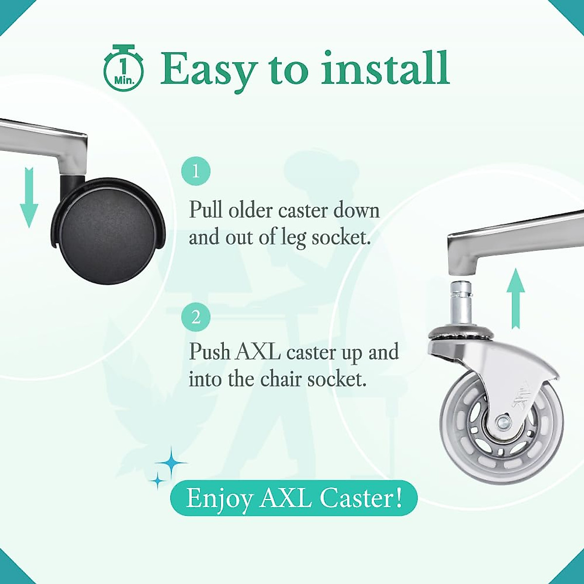 Office Chair Caster Wheels 2.5 Inch, Roller Blade Wheels Replacement Rubber Chair Casters for Hardwood Floors and Carpet, Set of 5 (Chrome Bracket/Grey/Clear)