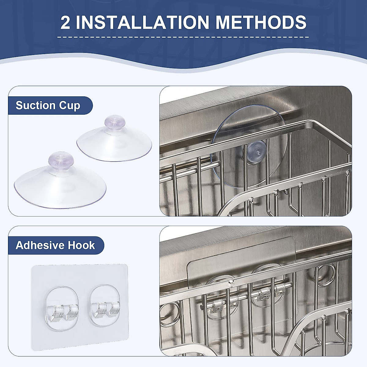 Sponge Holder for Kitchen Sink with Adhesive Hook & Suction Cups - 2 IN 1 Sink Caddy for Sponges, Dish Brush, Scrubbers, Soap - 304 Stainless Steel Kitchen Bathroom Organizer Accessories - Polished