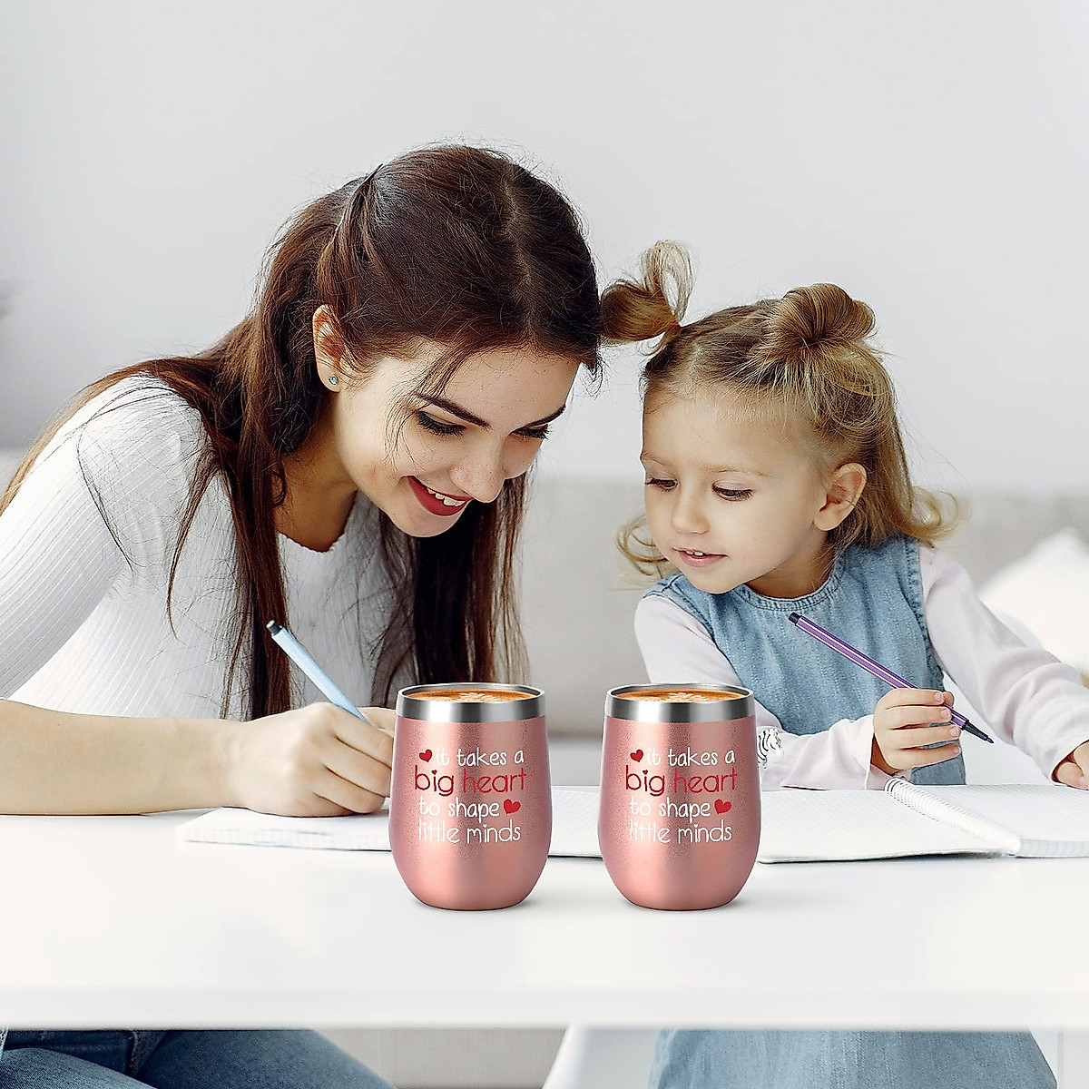 GINGPROUS 2 Pack Teacher Appreciation Gifts in Bulk, It Takes a Big Heart Wine Tumbler Set, Birthday Christmas Teacher Gifts for Teachers Women,12 Oz Stainless Steel Wine Tumbler with Lid, Rose Gold