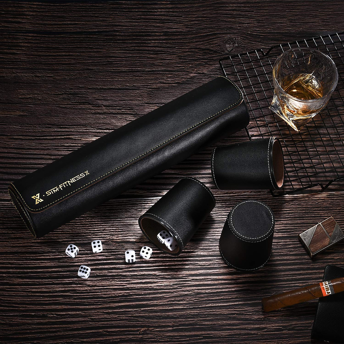 ImnBest Leather Dice Cup Set, 5 Black Leather Dice Cups + 25 Dice + Exclusive Storage and Transport Case Made of Faux Leather with Magnetic Closure..