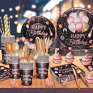 210PCS Birthday Decorations For Women ,Rose Gold and Black Party Decorations Kit,Happy Birthday Supplies Set - Tableware Pack, Balloon Pump, Banner, Fringe Curtain, Latex Balloons For 12 Guest