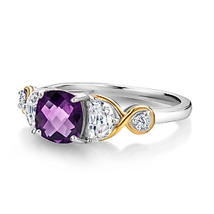 Gem Stone King 925 Silver and 10K Yellow Gold Cushion Amethyst Half Moon Moissanite and Lab Grown Diamond 3-Stone Engagement Ring For Women (1.36 Cttw, Available In Size 5, 6, 7, 8, 9)