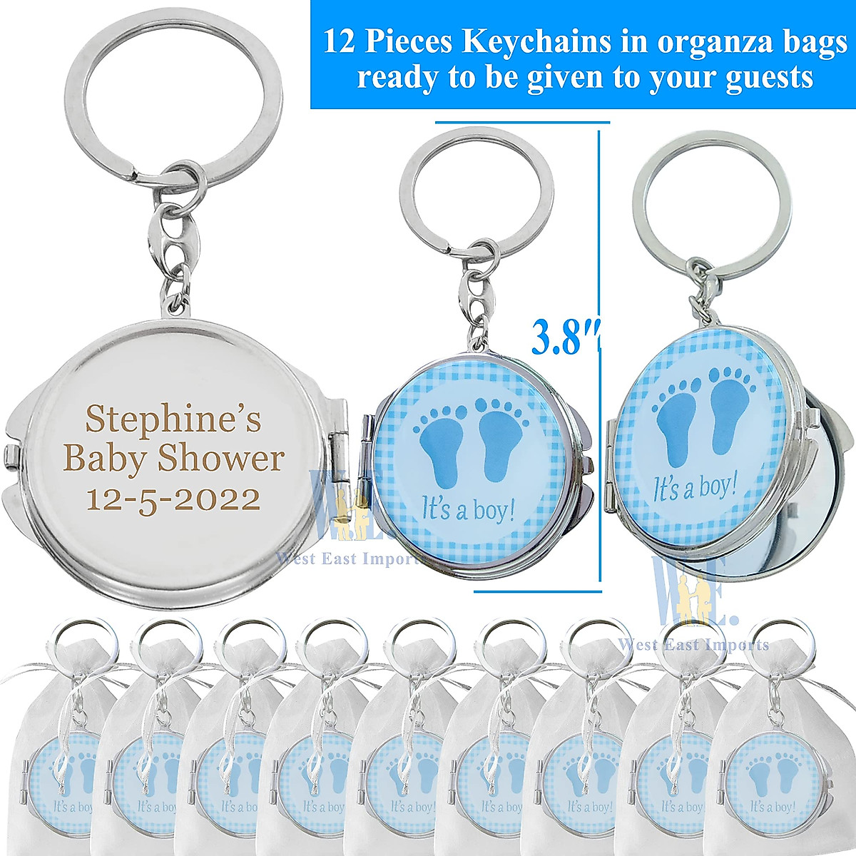 12 PCS Personalized Baby Shower Blue Boy Mirror Keychain Favors with Baby Footprint Design Custom Engraving Gift