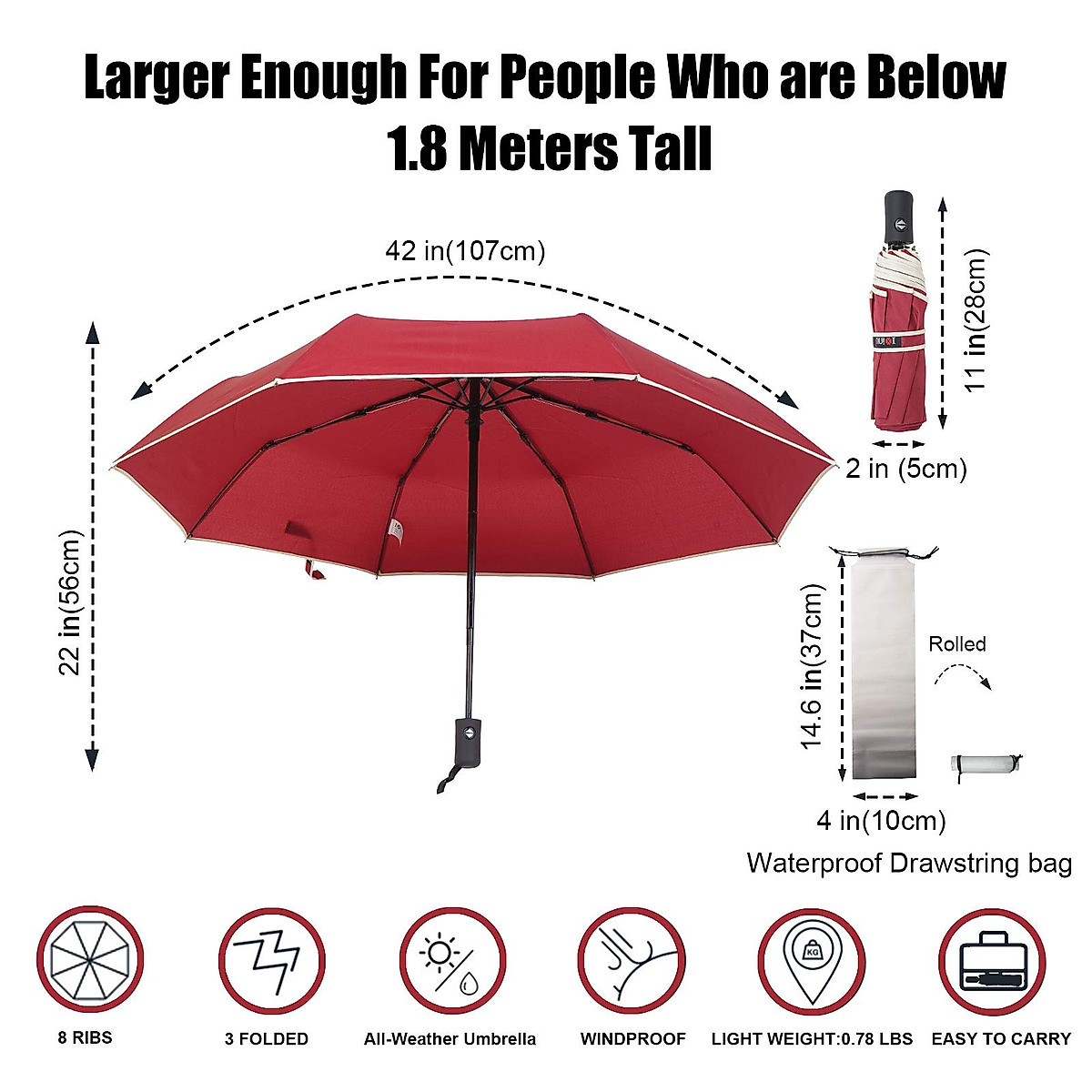 IXINU Factory Outlet Automatic Open Close Portable Lightweight Travel Umbrella Parasol Outdoor Sun & Rain All Weather Umbrella (Wine Red)